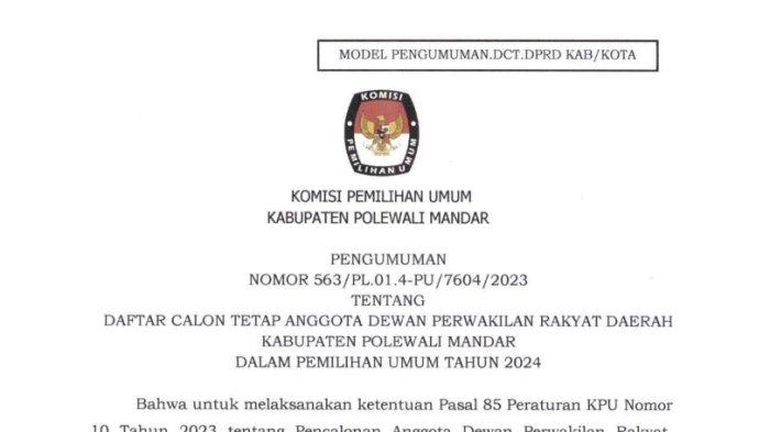 PENGUMUMAN Daftar Calon Tetap Anggota DPRD Polewali Mandar Dalam Pemilu 2024 - Tribun-sulbar.com