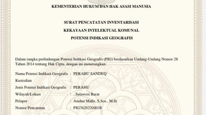 Ini Sertifikat Kekayaan Intelektual Sandeq Sulbar, Telah Terdaftar HKI Komunal Potensi Geografis ...