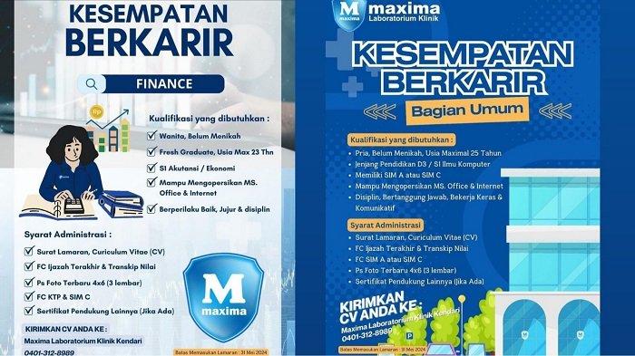 Lowongan Kerja Kendari, Maxima Laboratorium Klinik Buka Loker Posisi Finance dan Bagian Umum ...