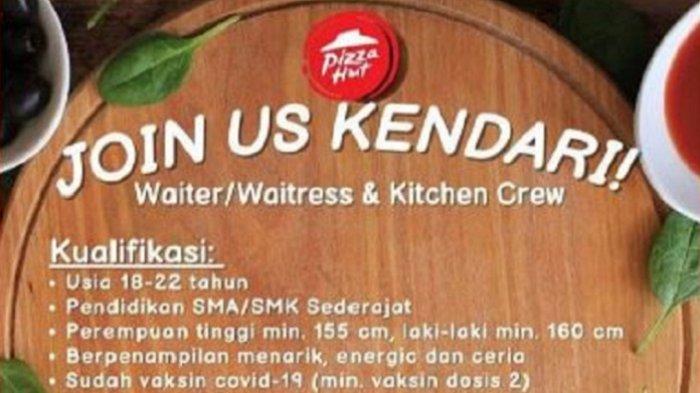 Lowongan Kerja Kendari, Pizza Hut Anduonohu Buka Loker Waiters dan ...