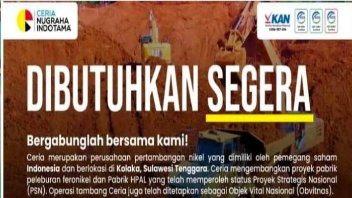 Lowongan Kerja Tambang PT Ceria Nugraha Indotama Penempatan Kolaka Sultra, Ini Link Pendaftaran ...