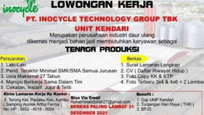 Lowongan Kerja Kendari: PT Inocycle Technology Group Buka Rekrutmen ...
