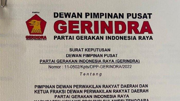 SK DPP Gerindra Beredar, Isinya Pergantian Pimpinan DPRD dan Ketua Fraksi DPRD Konawe Sultra ...