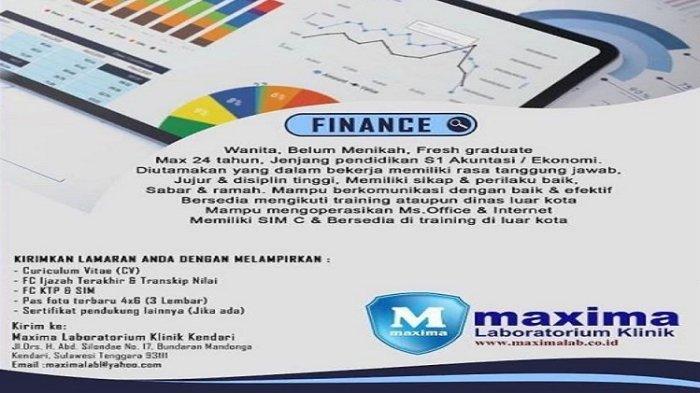 Lowongan Kerja Kendari, Maxima Laboratorium Klinik Buka Loker Finance, Kualifikasi dan ...