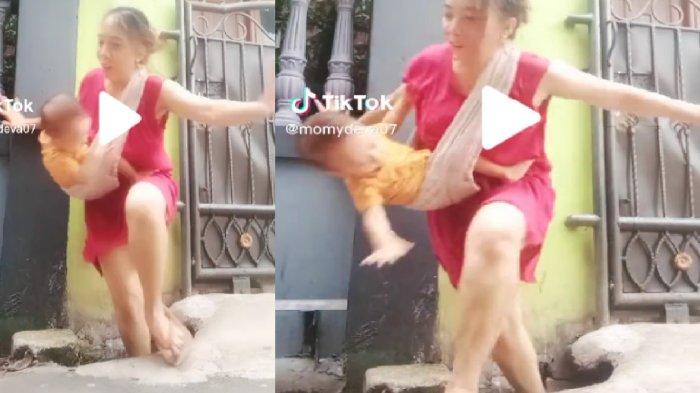 Video Viral Wanita Daster Merah Goyang TikTok Nyaris Jatuh di Got, Anak Hampir Lepas Dari ...