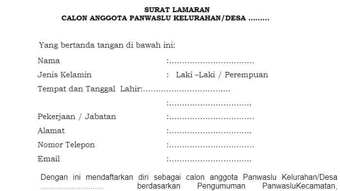 Contoh Format Surat Lamaran Kerja Panwaslu Desa atau Anggota PKD Pemilu ...