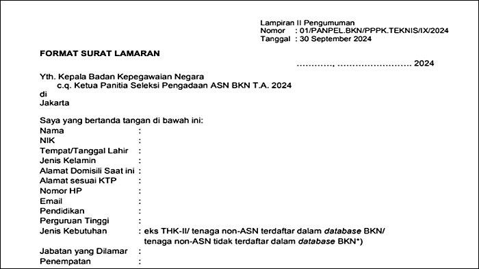 Contoh Surat Lamaran PPPK 2024, Bentuk Format Resmi BKN, Link Download ...
