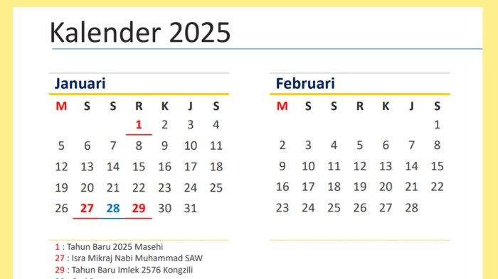 Kalender Januari 2025 Lengkap dengan Tanggal Merah, Hari Besar Beserta Tanggalan Hijriyah dan ...