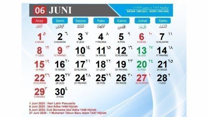 Kalender Juni 2025: 3 Libur Nasional dan 1 Cuti Bersama Lebaran Idul ...