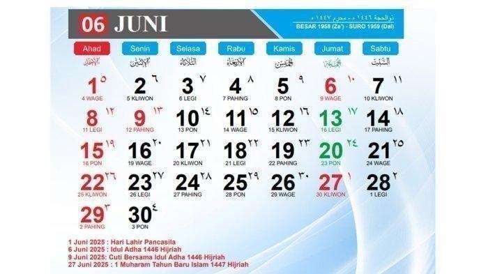 Kalender Juni 2025: Tanggal Merah Hari Libur dan Cuti Bersama Idul Adha ...