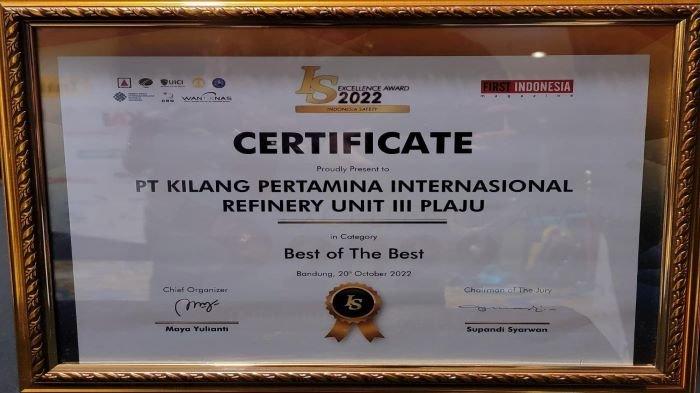 Kilang Pertamina Plaju Raih Best of The Best ISEA 2022, Andalkan 3K - Tribunsumsel.com
