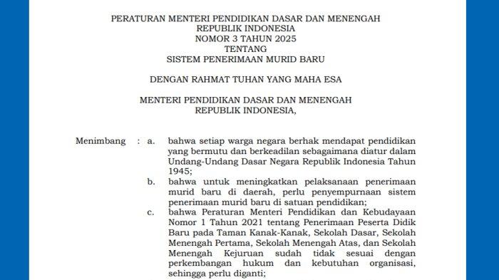LINK PDF Permendikdasmen No 3 Tahun 2025, Isi Juknis SPMB 2025 Jenjang TK, SD, SMP, SMA/SMK ...