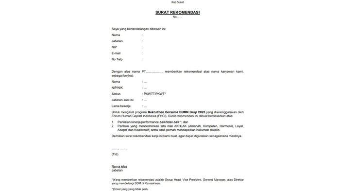 Contoh Surat Rekomendasi Rekrutmen Bersama BUMN 2024 Sesuai dengan ...