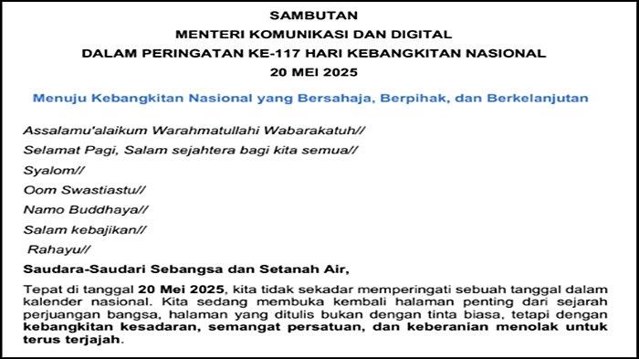 Naskah Sambutan Hari Kebangkitan Nasional 2025, Pidato Menkomdigi Harkitnas 20 Mei 2025 PDF ...