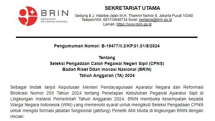 Rincian Formasi CPNS 2024 BRIN Beserta Link Unduh PDF, Tersedia 500 Alokasi Formasi Pusat ...