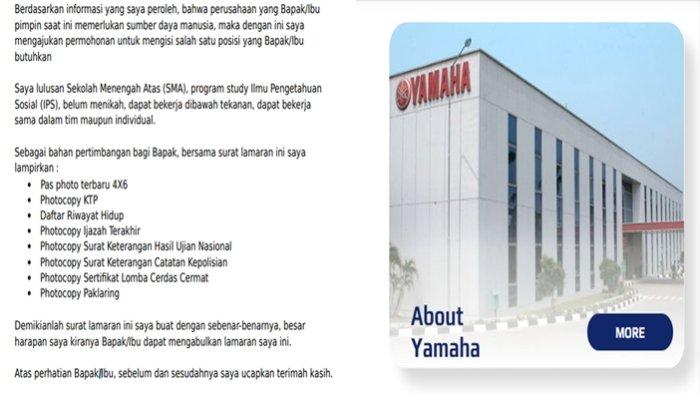 2 Contoh Surat Lamaran Kerja di PT Yamaha Indonesia Motor Manufacturing - Tribunsumsel.com