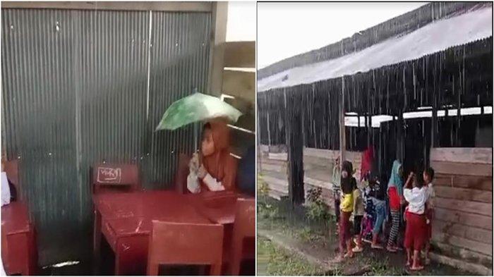 Siswa SDN 2 Filial Rantau Lurus OKI Mandi Hujan Belajar Dalam Kelas, Atap Bocor Lantai Tanah ...