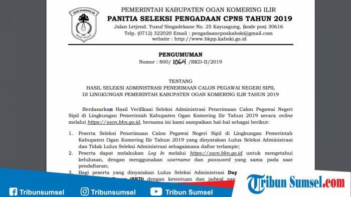 Cek Nama Kamu, Pengumuman Seleksi Administrasi CPNS Kab OKI, Download PDF di Sini - Tribunsumsel.com