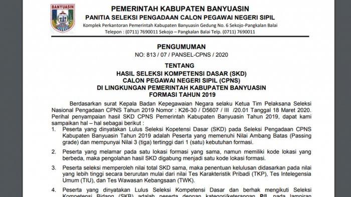 Link Pengumuman Hasil SKD CPNS 2019 Kab Banyuasin dan Nama-nama Lolos ke SKB, Download PDF di ...