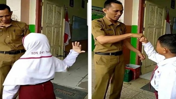 Guru SD 041 Tarakan Mendadak Viral Usai Ciptakan Gaya Unik Bersalaman dengan Siswanya ...