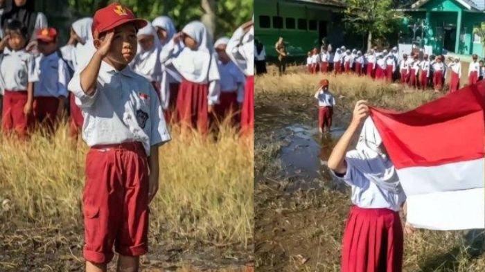 Momen Haru Siswa SD Gelar Upacara Bendera di Lapangan Berlumpur, Tak ...