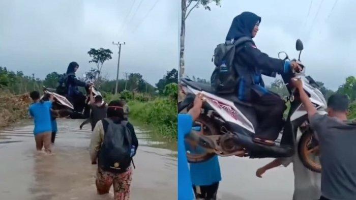 Perjuangan Guru SD Mengajar, Lewati Jalan Penuh Genangan Air, Warga Gotong Royong Bantu ...