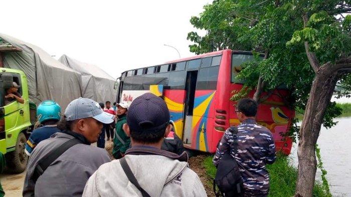 Bus Dali Prima Ngeblong Nyaris Masuk Tambak di Jalan Raya Duduksampeyan ...