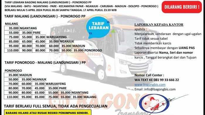 Inilah Tarif Resmi Bus Mudik Lebaran 2024 Surabaya-Blitar Rp 65.000 - Surya.co.id