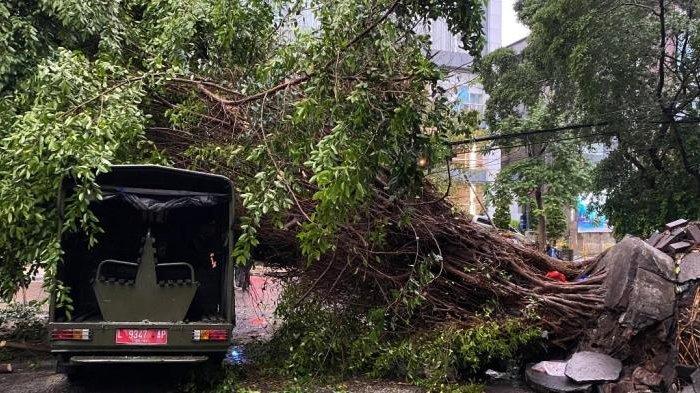 Buntut Hujan dan Angin Kencang, Mobil Satpol PP Surabaya Tertimpa Pohon Tumbang di Tegalsari ...