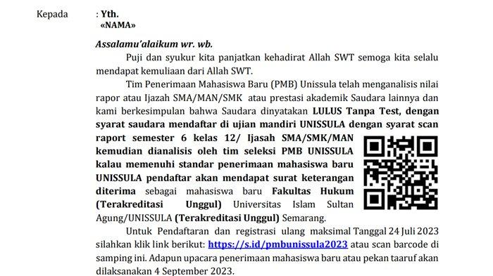 Beredar Surat Jalur Mandiri Unissula Semarang, Ini Penjelasan Kampus ...
