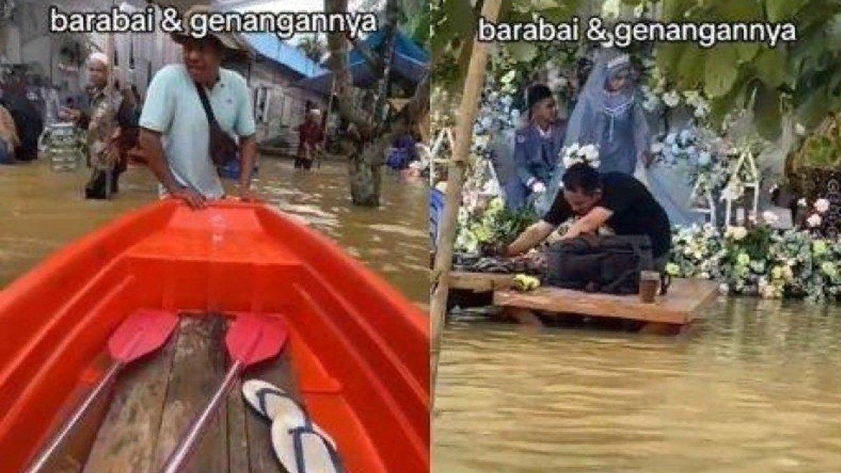 Tak Peduli Banjir, Pengantin Tetap Gelar Pesta Nikahan, Tamu Dijemput Pakai Sampan, Videonya ...