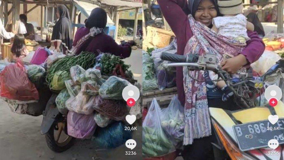 BIKIN Terenyuh! Pedagang Sayur Motoran Keliling Berjualan Sambil Gendong Anak, Langsung Banjir ...