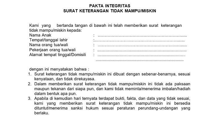 Contoh Format Pakta Integritas Surat Keterangan Kurang Mampu untuk SPMB ...