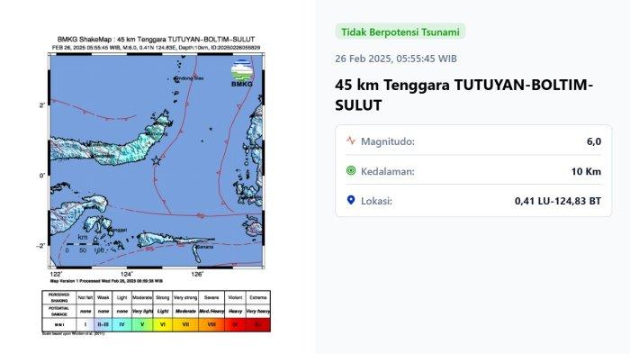 Gempa M 6,0 Guncang Boltim Sulawesi Utara, BMKG Sebut Tak Berpotensi Tsunami - TribunNews.com