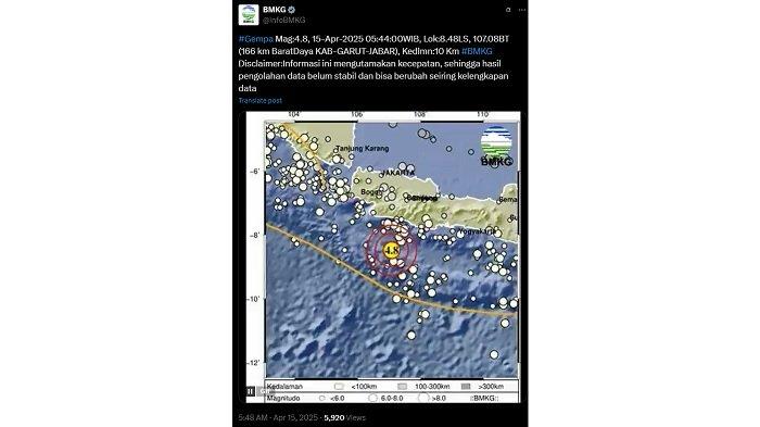 Gempa M 4,8 Guncang Laut Selatan Jawa Pagi Ini, BMKG: Terasa di 3 Wilayah Jabar - TribunNews.com