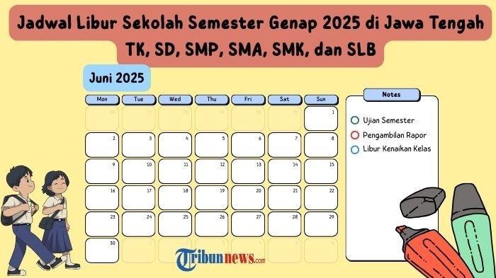Jadwal Libur Sekolah Semester Genap 2025 di Jawa Tengah untuk TK, SD, SMP, SMA, SMK, dan SLB ...