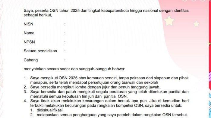 Contoh Pakta Integritas OSN 2025, Dilengkapi Link Download Format PDF - TribunNews.com