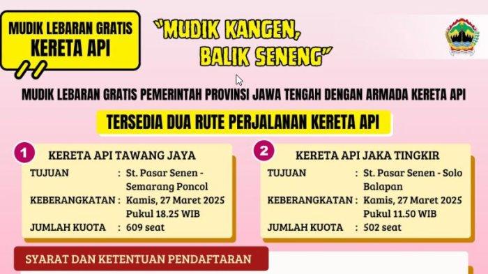 Mudik Gratis 2025 via Kereta Api Pemprov Jateng: Syarat, Dokumen, Cara Daftar, Jadwal dan Rute ...