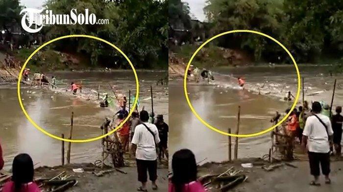 VIDEO : Detik detik Jembatan Bambu Diterjang Arus Sungai Bengawan Solo, Belasan Orang Nyaris ...