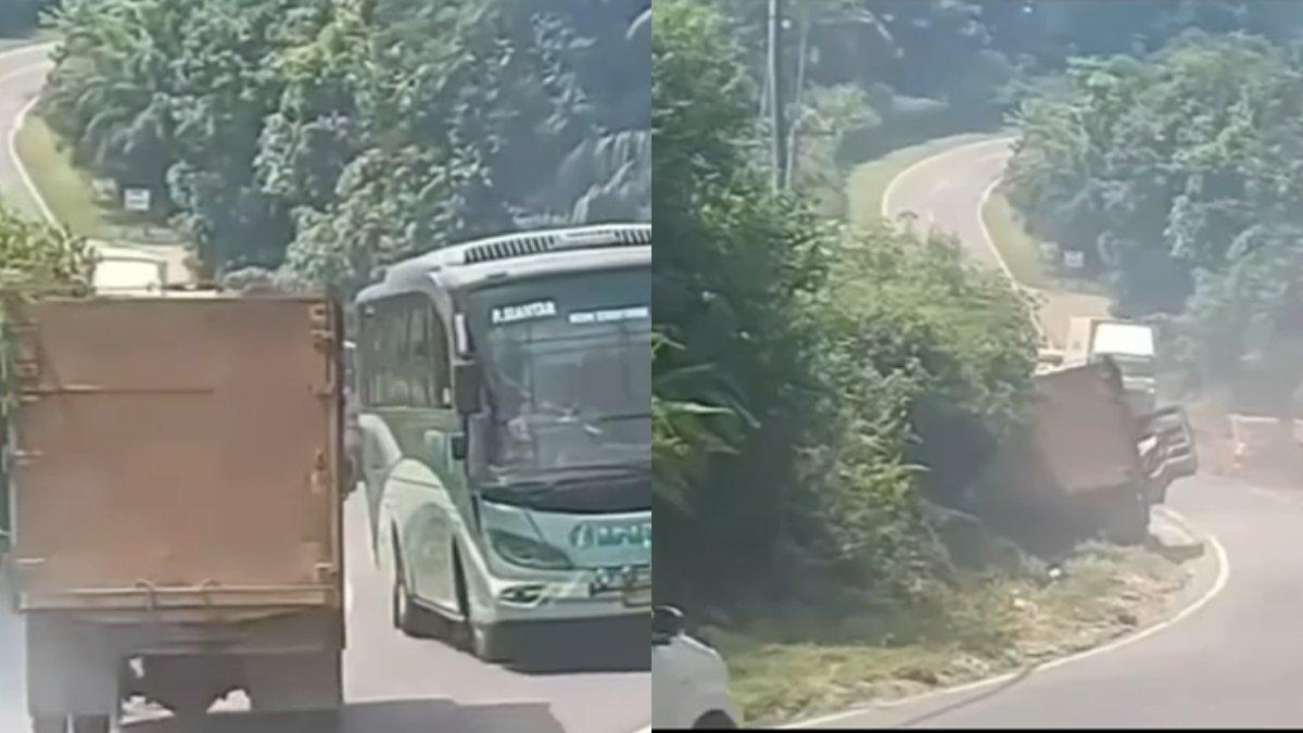 Viral Truk Nyungsep Gara-gara Hindari Bus yang Nyalip di Tikungan, Sang Sopir Tak Tinggal Diam ...
